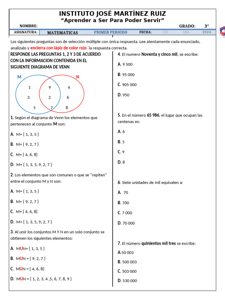 Matematicas 3° - Primer Periodo | PDF | Sustracción | Matemática Elemental