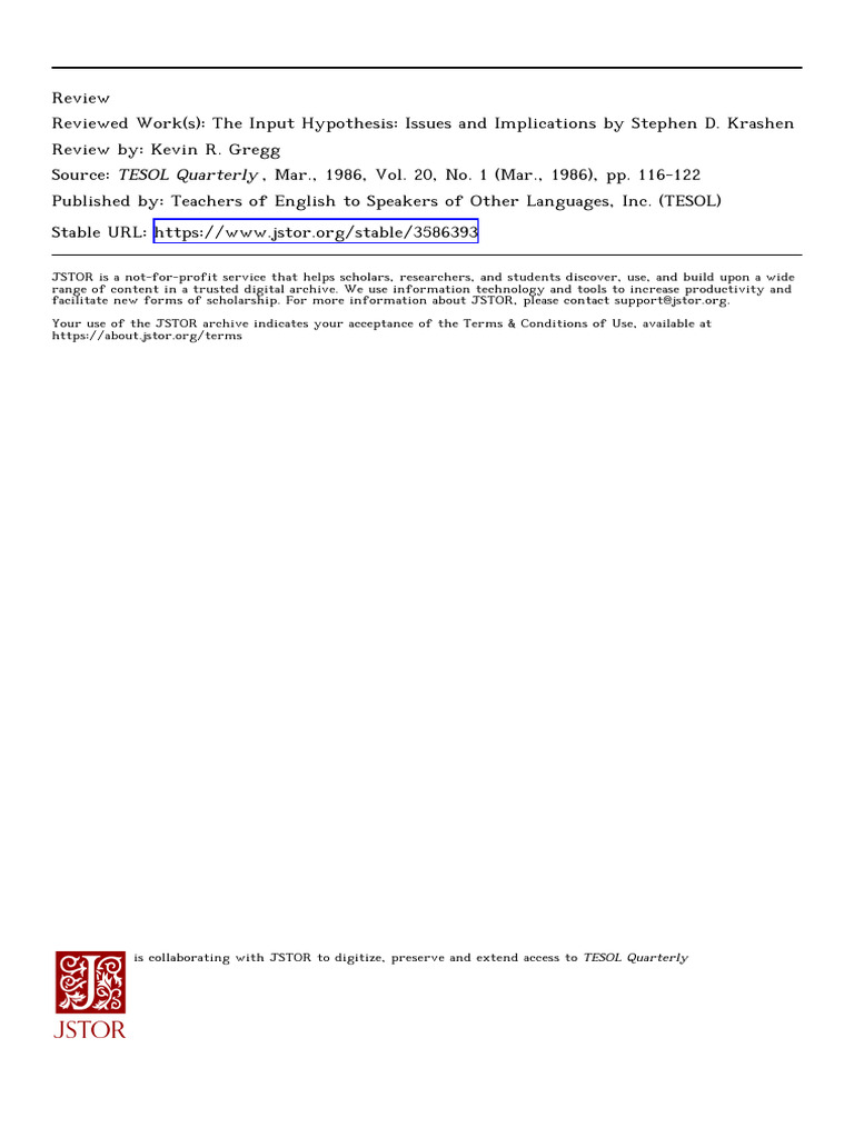 Krashen, S. 1985. The Input Hypothesis Issues and Implications. | PDF ...