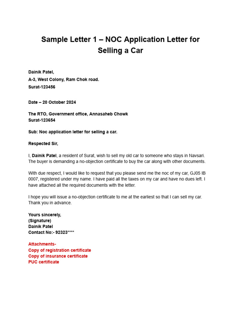 Sample-Letter-1-–-NOC-Application-Letter-for-Selling-a-Car | PDF