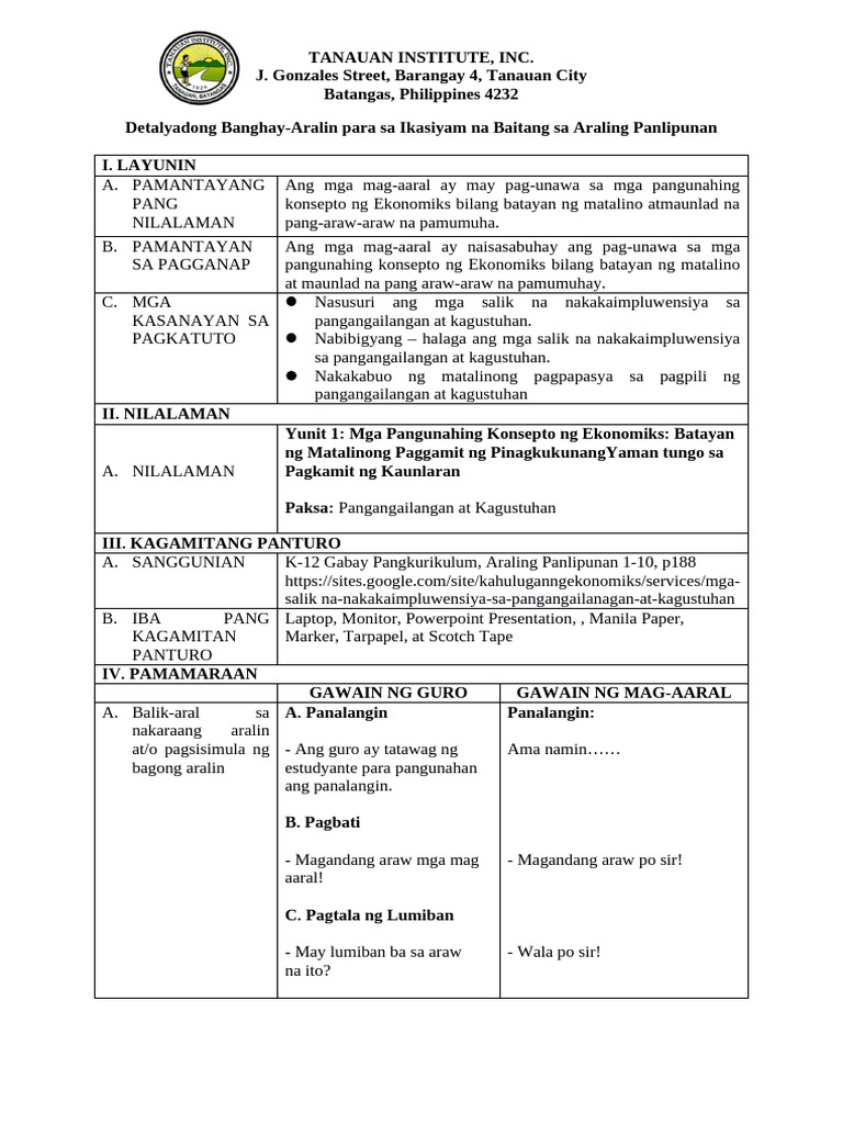 Pangangailangan at Kagustuhan Lesson Plan | PDF