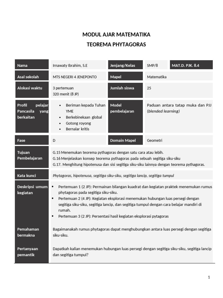 Modul Ajar Matematika Teorema Phytagoras Fase D | PDF