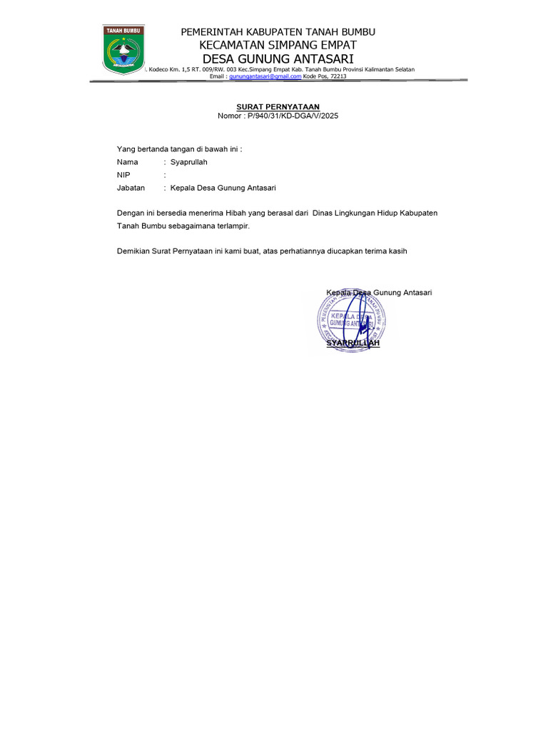 Surat Pernyataan Hibah Kendaraan Sampah | PDF