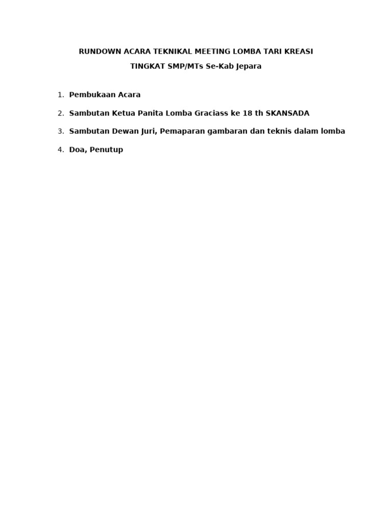 Rundown Acara Teknikal Meeting Lomba Tari Kreasi | PDF