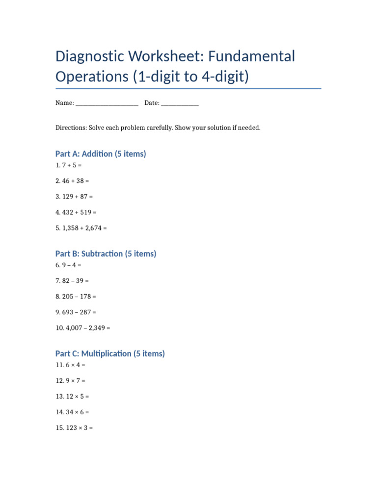 Fundamental Operations Diagnostic Worksheet | PDF