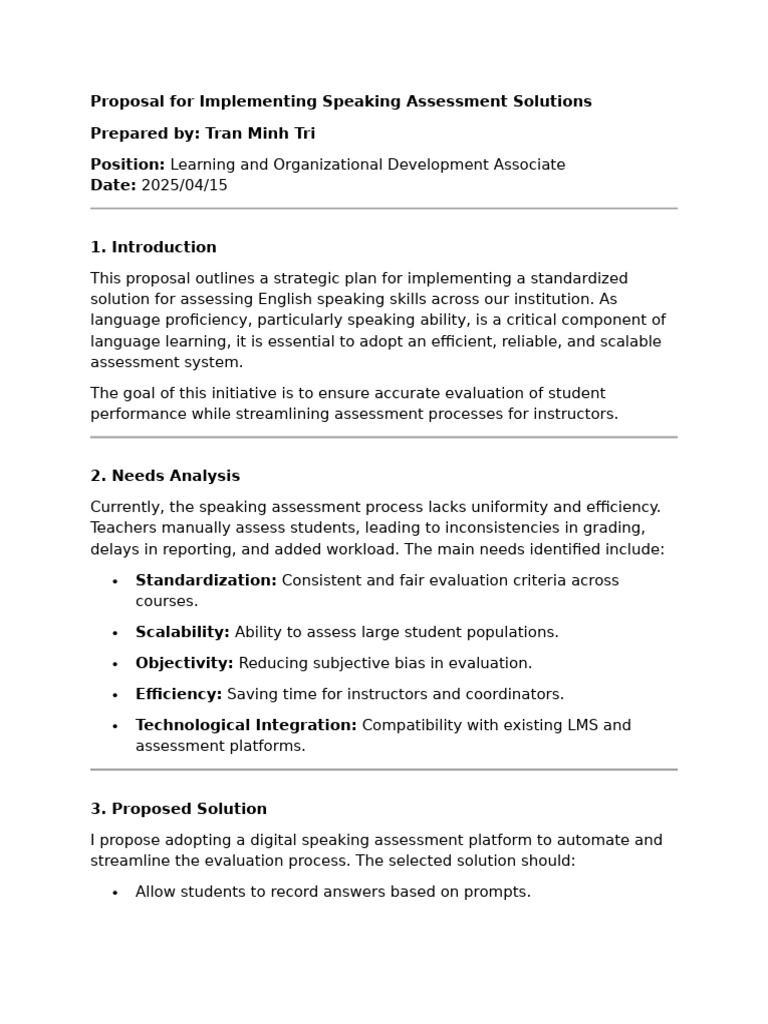 Proposal For Implementing Speaking Assessment Solutions | PDF ...
