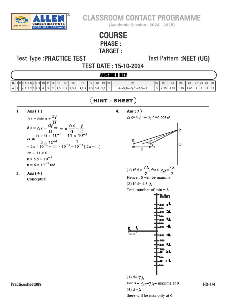 Neet Ug Practice Test Answer Key Pdf Wavelength Electrodynamics