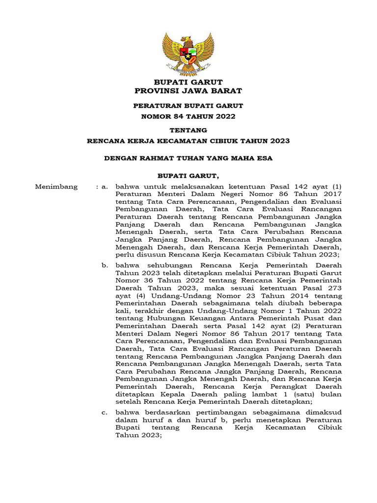 Perbup No 84 TH 2022 TTG Renja Kec - Cibiuk 2023 | PDF