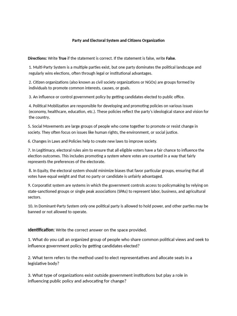 Party and Electoral System and Citizens Organization Questions | PDF ...