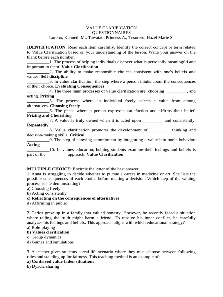 Value Clarification Questionnaires | PDF | Self Actualization | Psychological Concepts