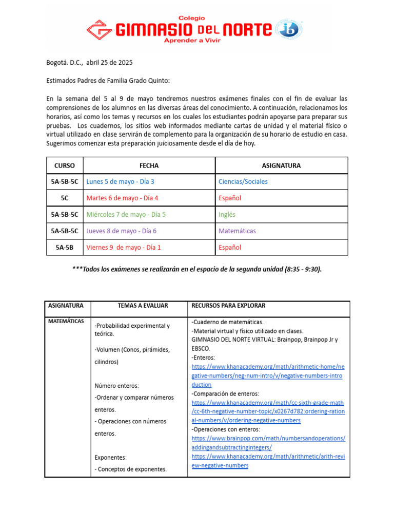 Quinto - Circular Exámenes Finales 2025 | PDF | Science