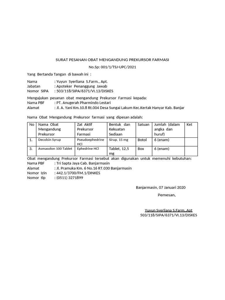 Surat Pesanan Obat Prekursor Farmasi | PDF
