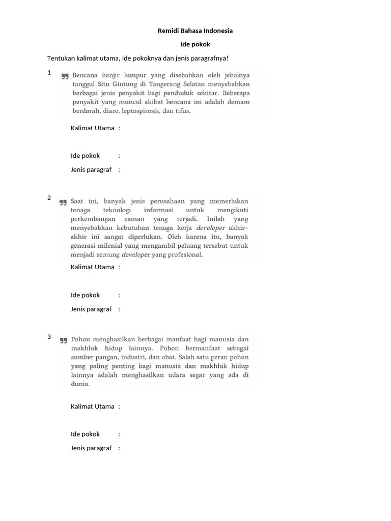 Remidi Bahasa Indonesia Bab Ide Pokok | PDF