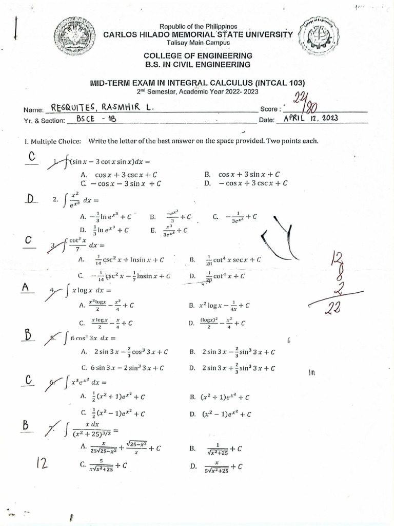 Intcal MT Exam ('23) - 250331 - 102632 | PDF | Mathematical Analysis