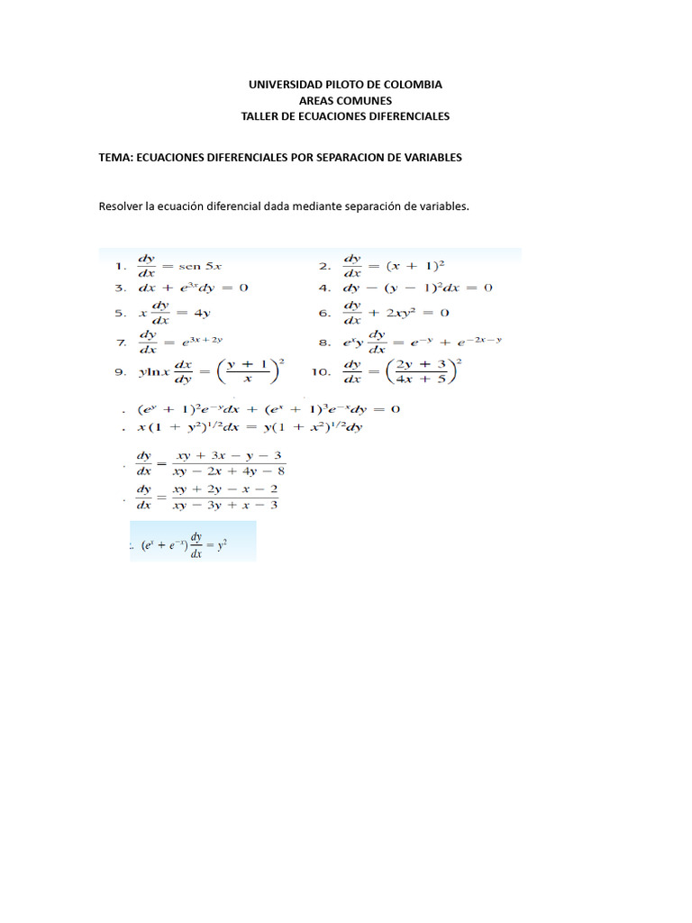 Taller de Ecuaciones Diferenciales Por Separacion de Variables | PDF
