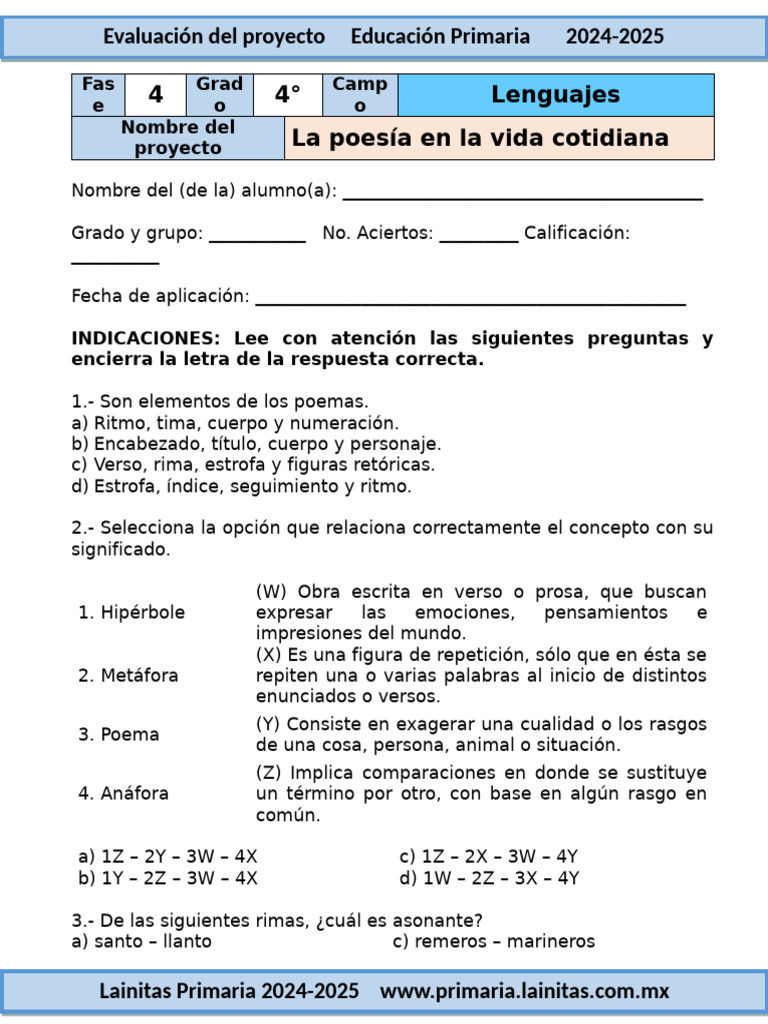 4to Grado Febrero - Examen 01 La Poesía en La Vida Cotidiana (2024-2025 ...