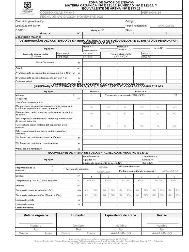 Glab Fm-049v14-Toma de Datos de Ensayo Materia Organica Inv e 121-13 Humedad Inv e 122-13 y ...