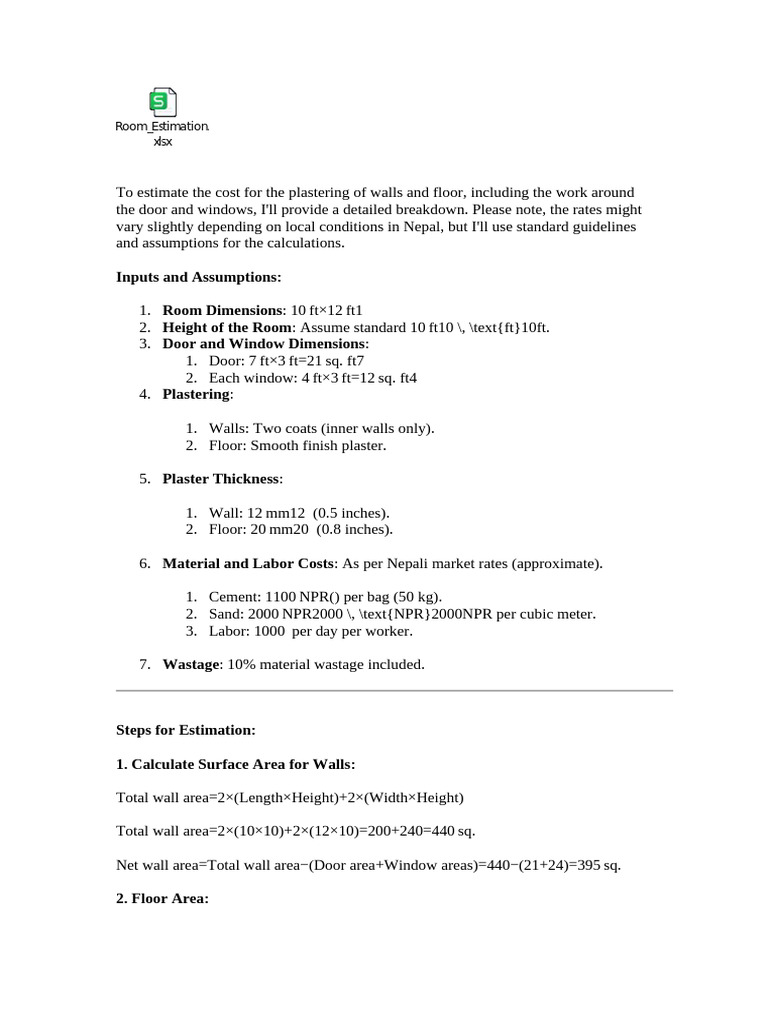 To Estimate The Cost For The Plastering of Walls A | PDF | Wall | Sand