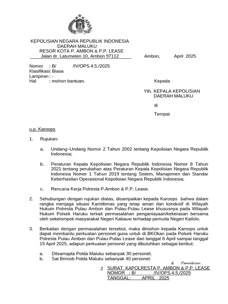 Surat Mohon Dukungan Pers Bko Ke Haruku | PDF