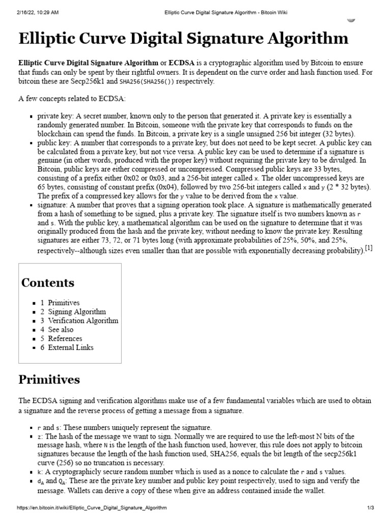 Elliptic Curve Digital Signature Algorithm - Bitcoin Wiki | PDF | Public Key Cryptography | Bitcoin