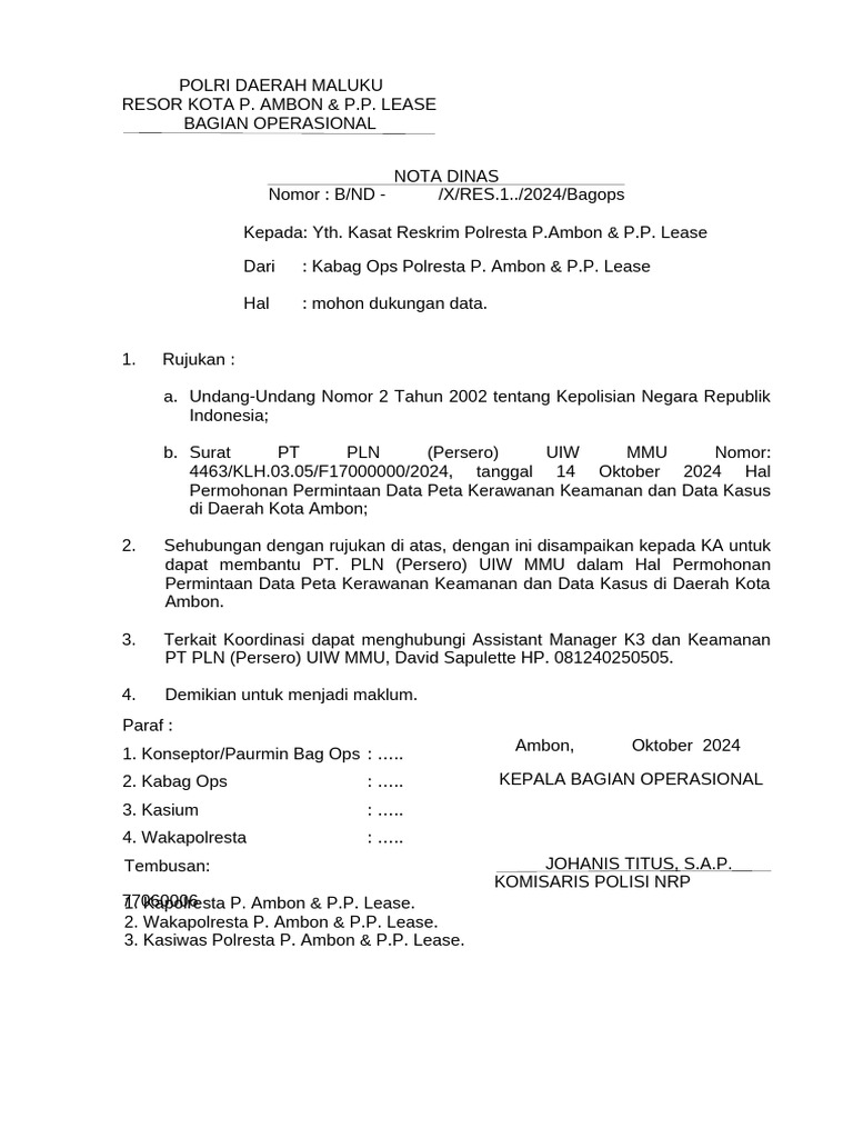 Nota Dinas permintaan data PT PLN UIW MMU | PDF