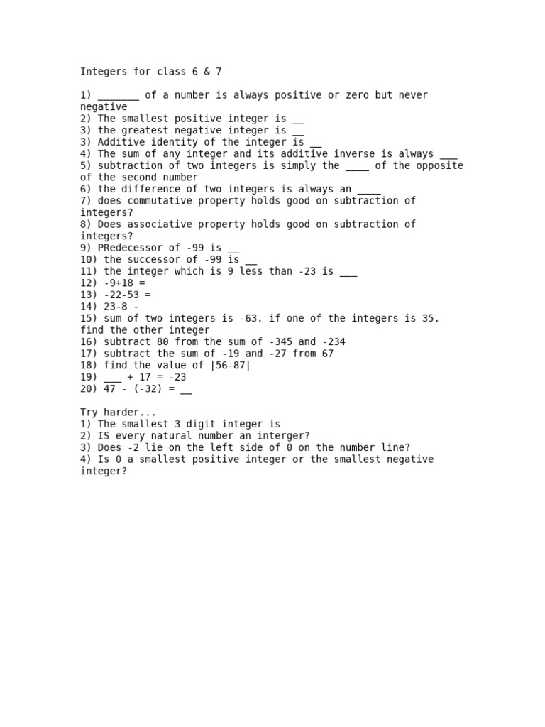 1 mark question on integers | PDF