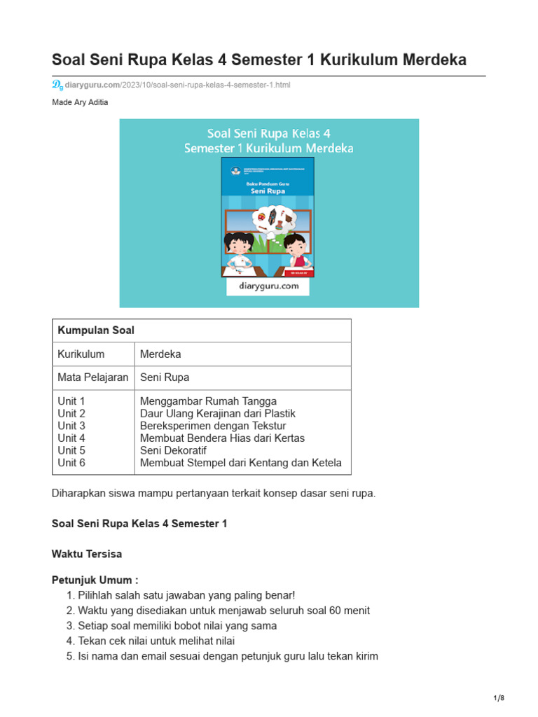 Soal Seni Rupa Kelas 4 Semester 1 Kurikulum Merdeka | PDF