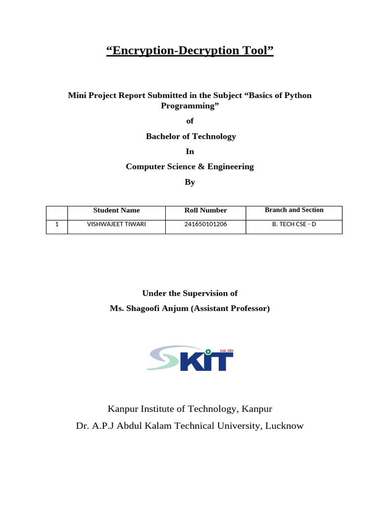 Encryption-Decryption Tool Mini Project Report by Vishwajeet | PDF | Key (Cryptography ...