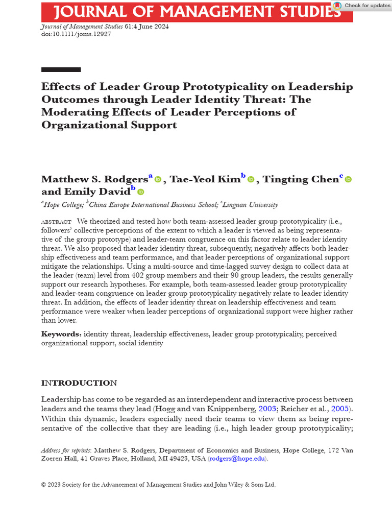 J Management Studies - 2023 - Rodgers - Effects of Leader Group ...
