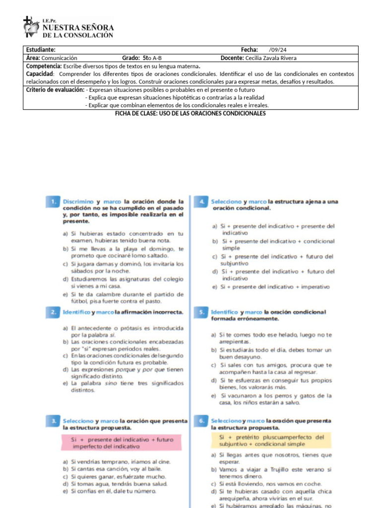 Ficha de Clase Oraciones Condicionales | PDF