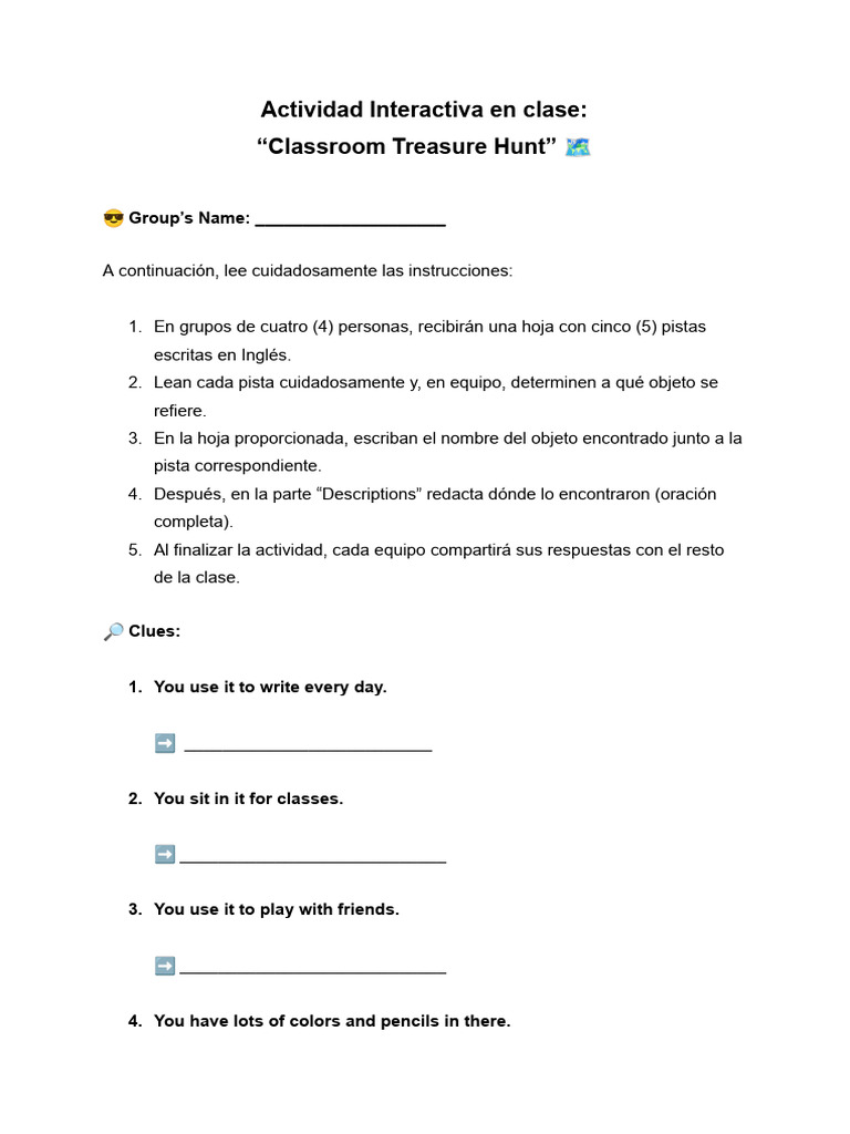 Classroom Treasure Hunt Activity | PDF