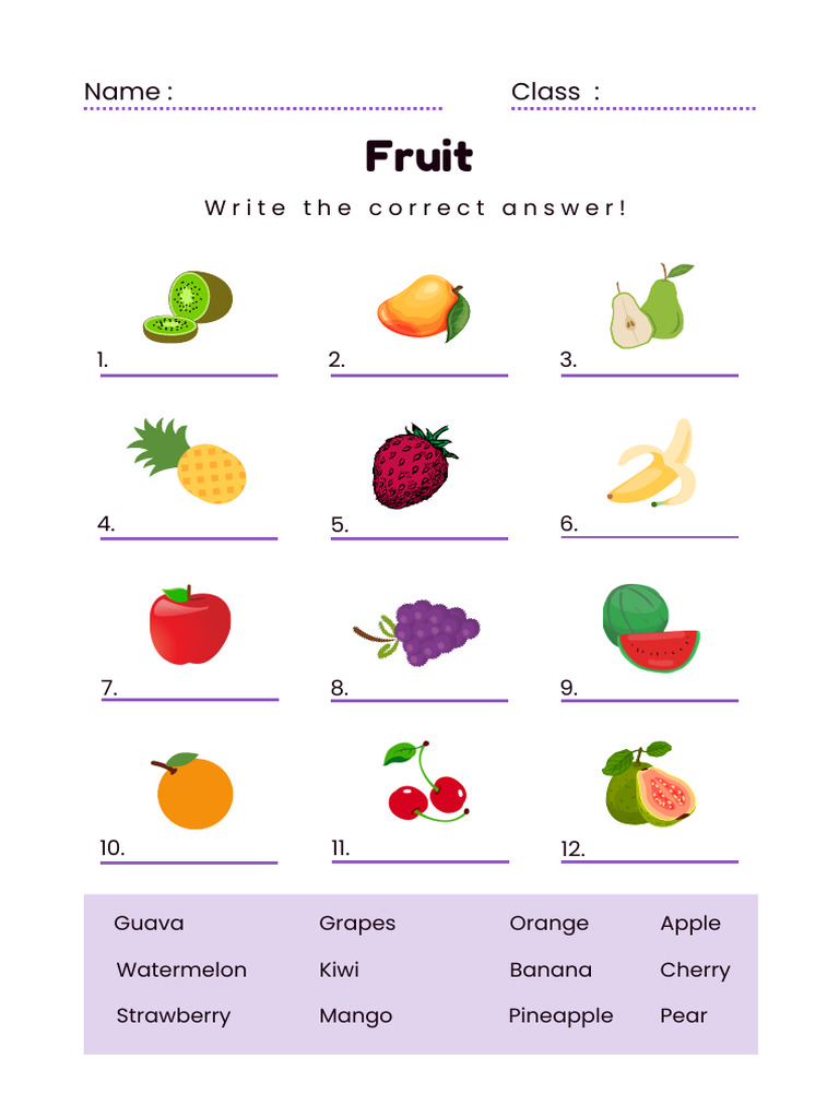 Colorful Illustrative Fruit Worksheet | PDF