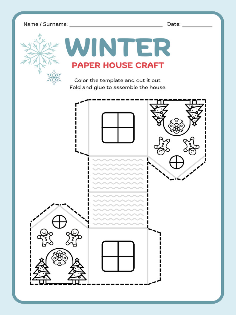 Winter Themed Gingerbread House Paper Craft Worksheet in Brown Red Blue ...