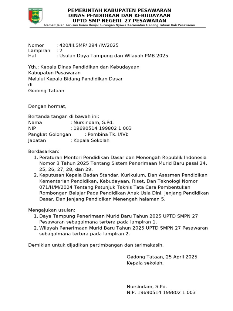 Surat Usulan Daya Tampung Dan Wilayah Penerimaan PMB UPTD SMPN 27 ...