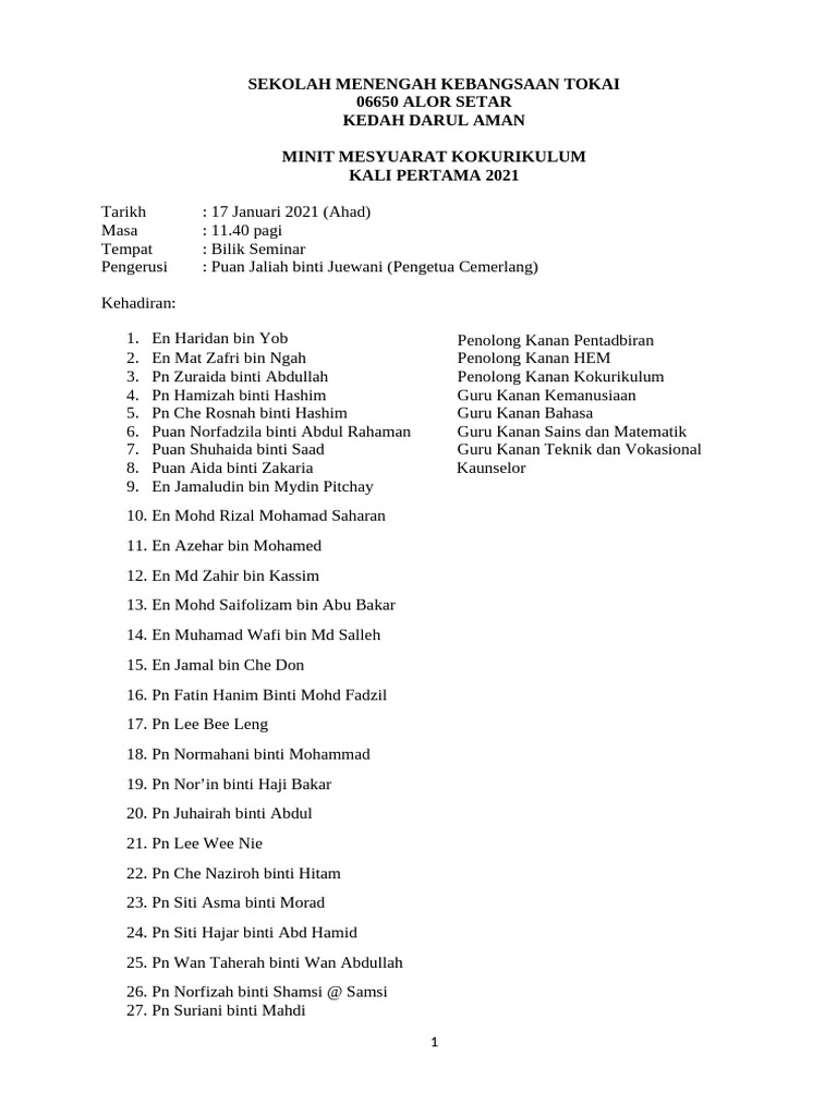 minit mesyuarat koko kali 1- 2021-1 | PDF