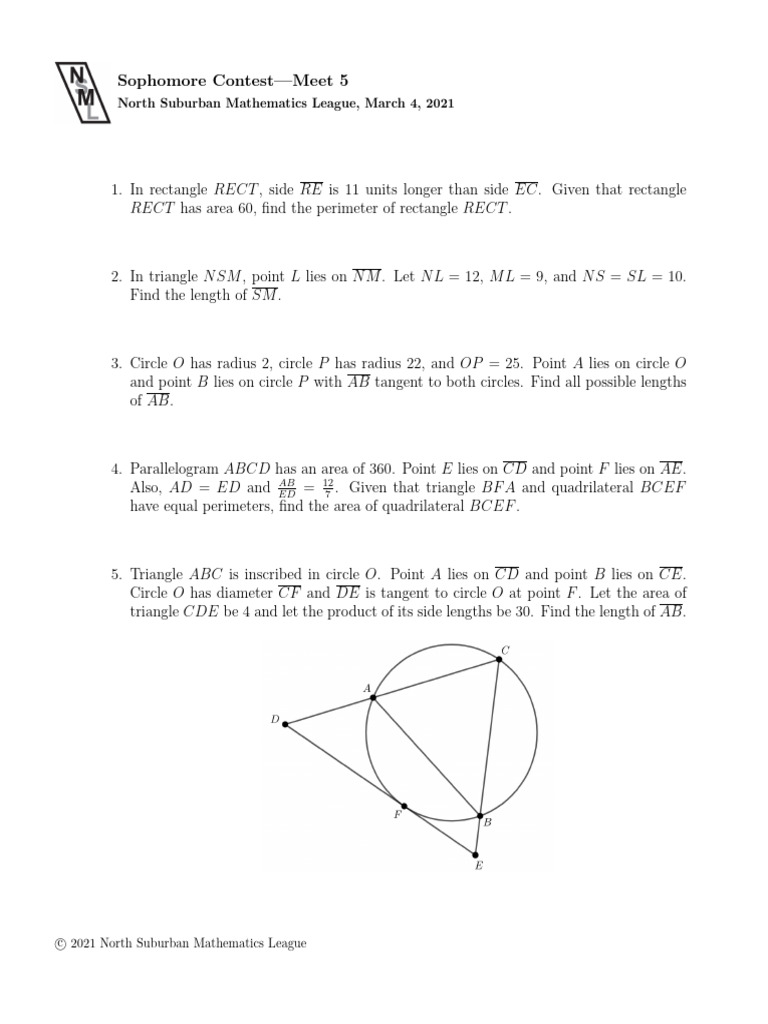 North Suburban Math League Sophomore Contest | PDF | Area | Circle