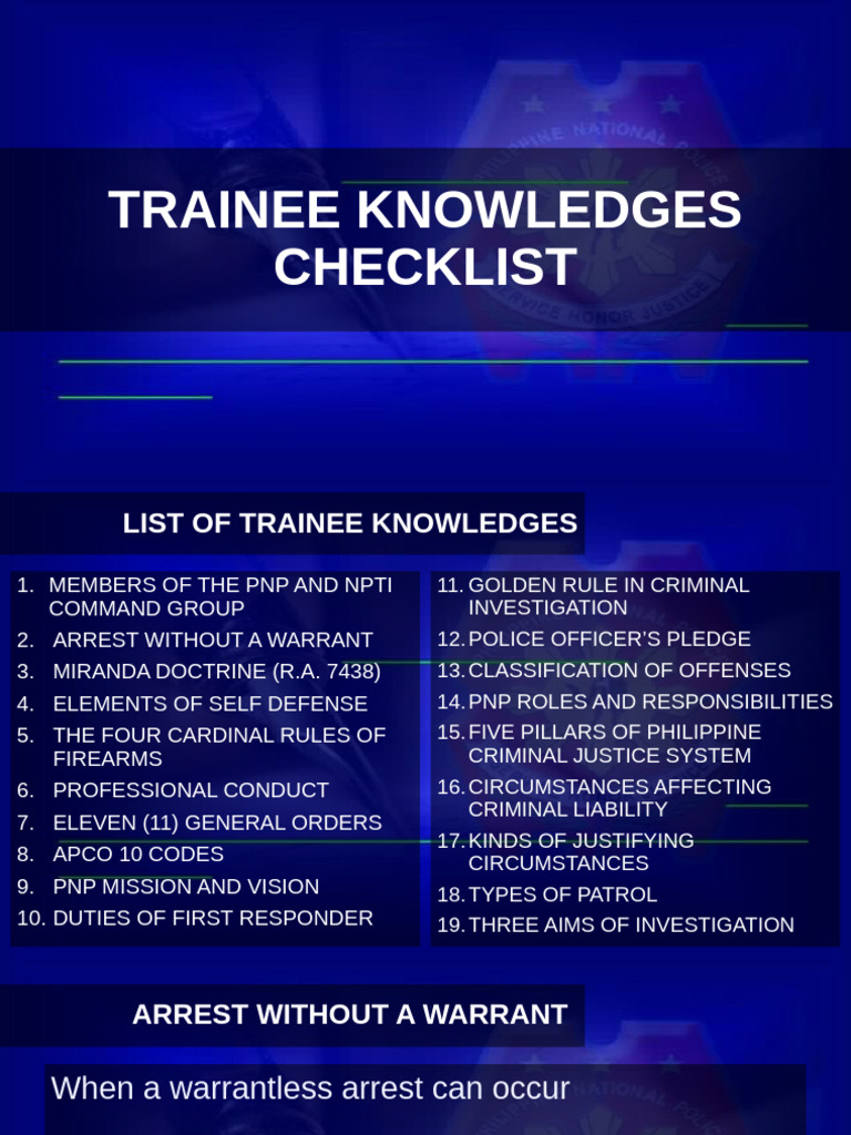 Essential Trainee Knowledge Checklist | PDF | Crimes | Crime & Violence