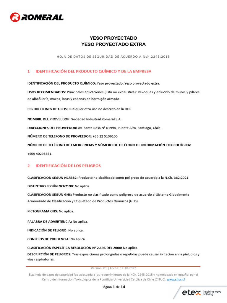 Hoja de Seguridad Yeso Proyectado | PDF | Yeso | Lima (Material)