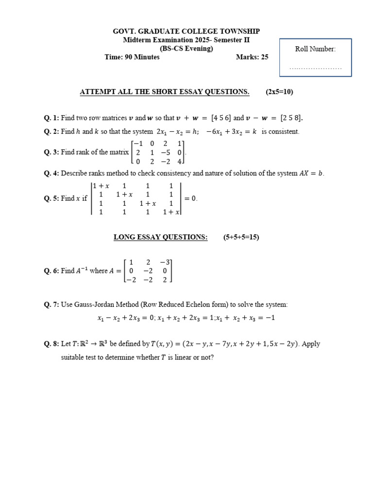 Linear Algebra-Math-252-Mids 2025 | PDF