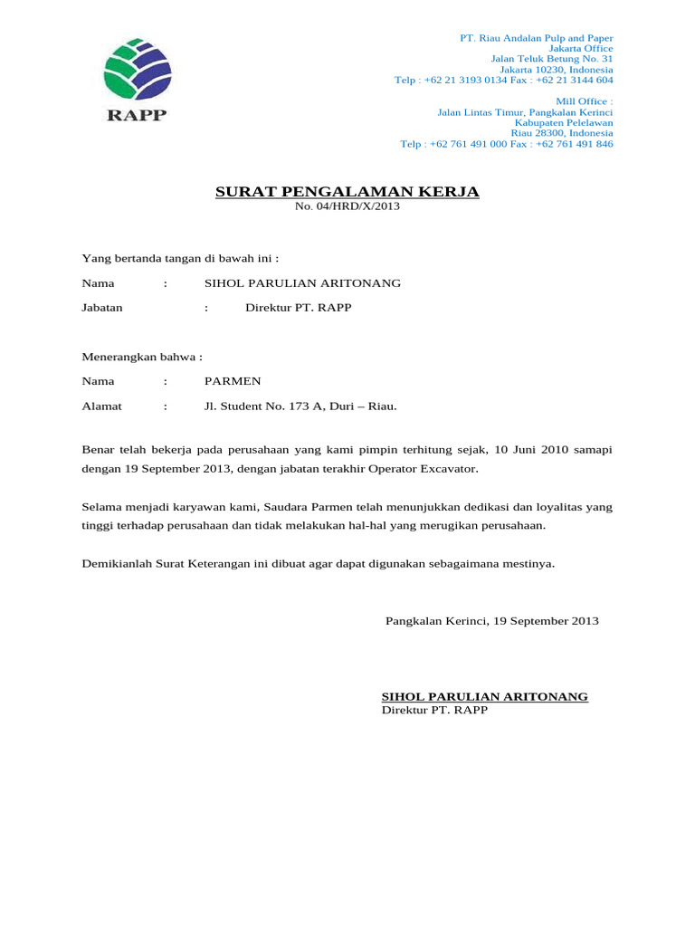 CONTOH SURAT PENGALAMAN KERJA | PDF