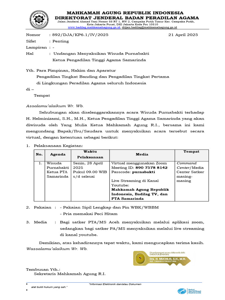 892. Undangan Menghadiri Purnabakti Kpta Samarinda (Pta Pa)_sign_sign_sign | PDF