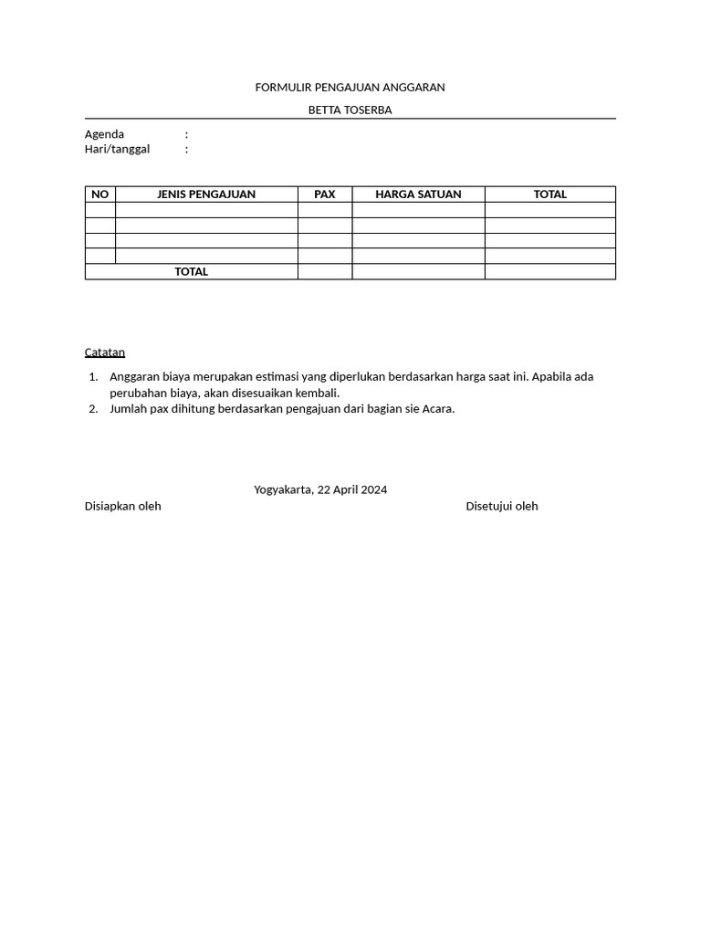Form Pengajuan Budget | PDF