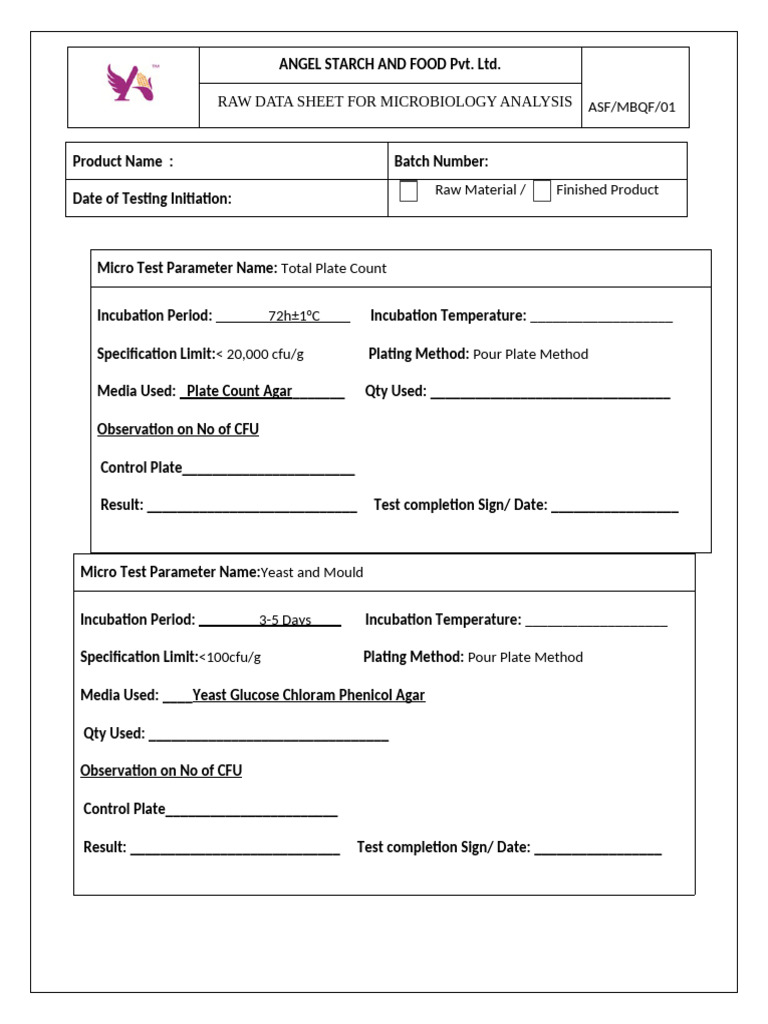 Raw Data Sheet Micro Lab Analysis | PDF