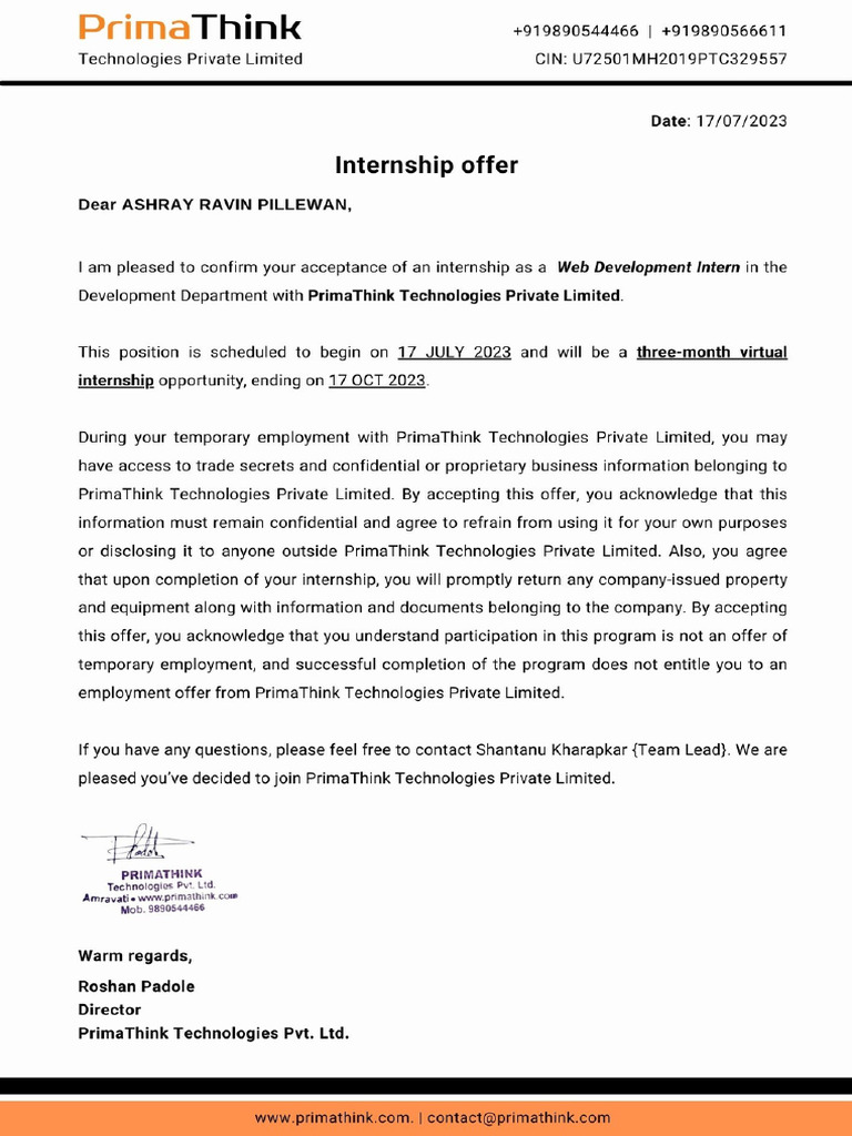 Prima Think Offer Letter | PDF