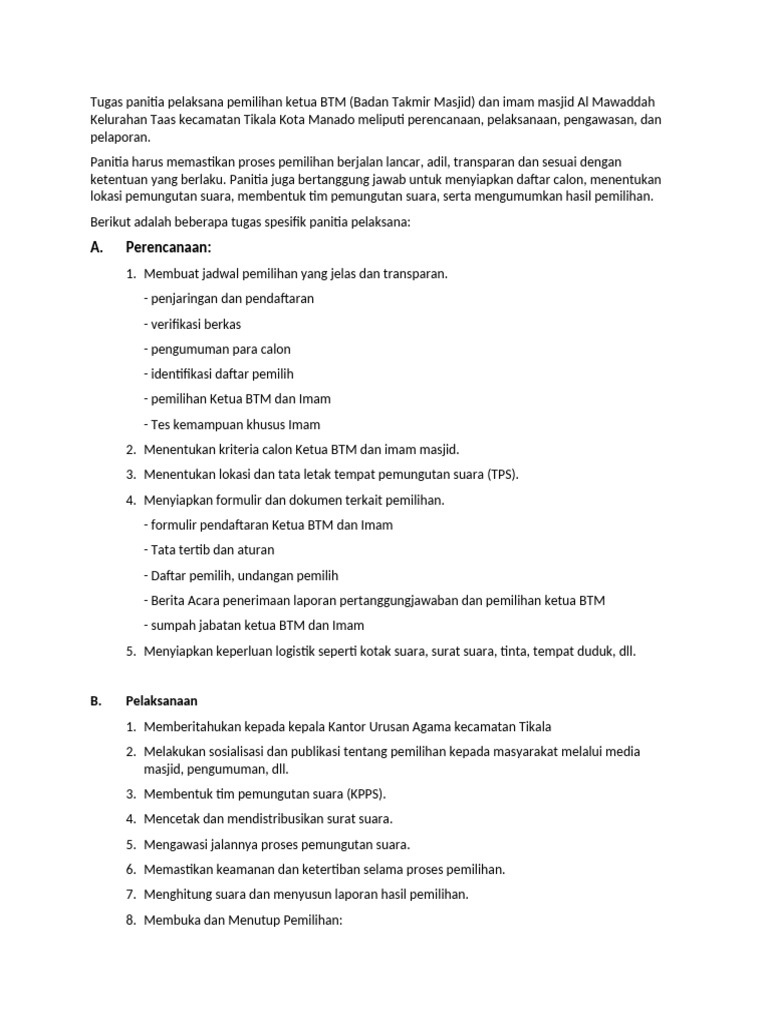 Tugas Panitia Pelaksana Pemilihan Ketua BTM | PDF