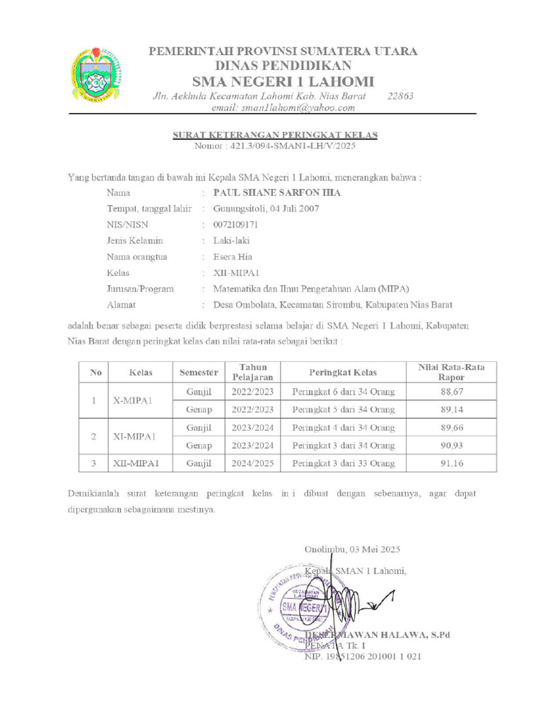 SURAT KETERANGAN PERINGKAT | PDF