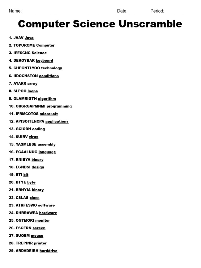 Computer Science Unscramble Answer Key | PDF