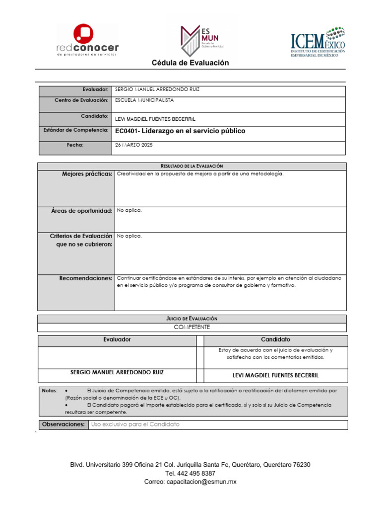 3.1 Cédula de Evaluación Ec0401 | PDF