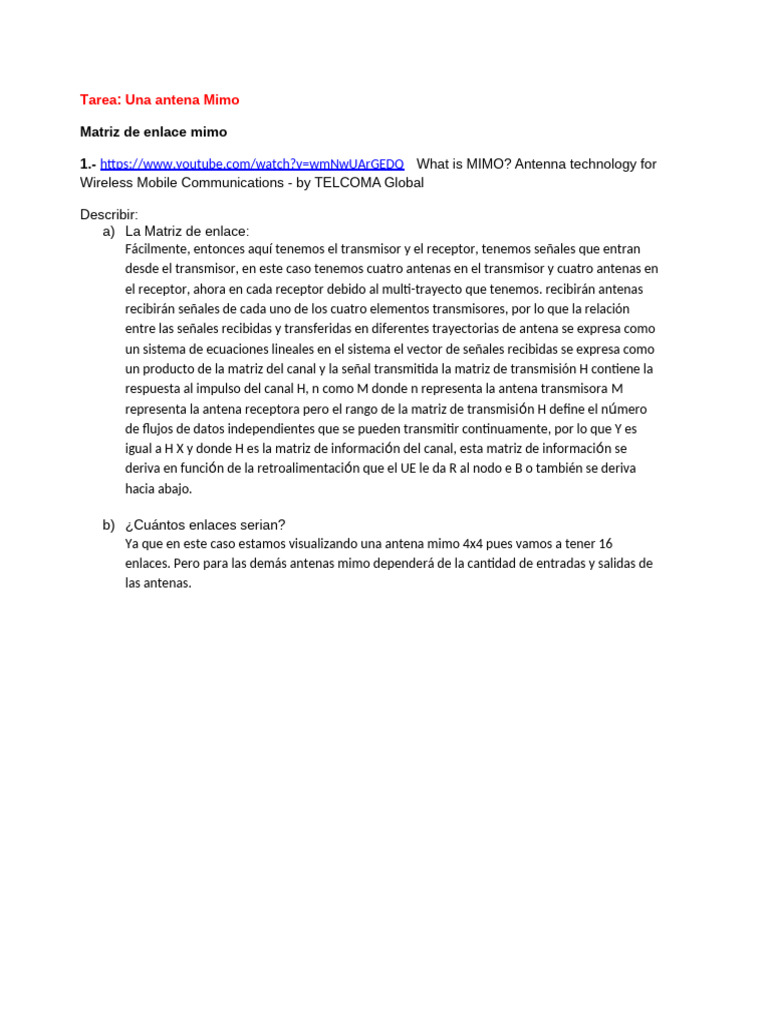 Antena MIMO: Diseño y Matriz de Enlace | PDF | Antena (Radio) | Matriz (Matemáticas)