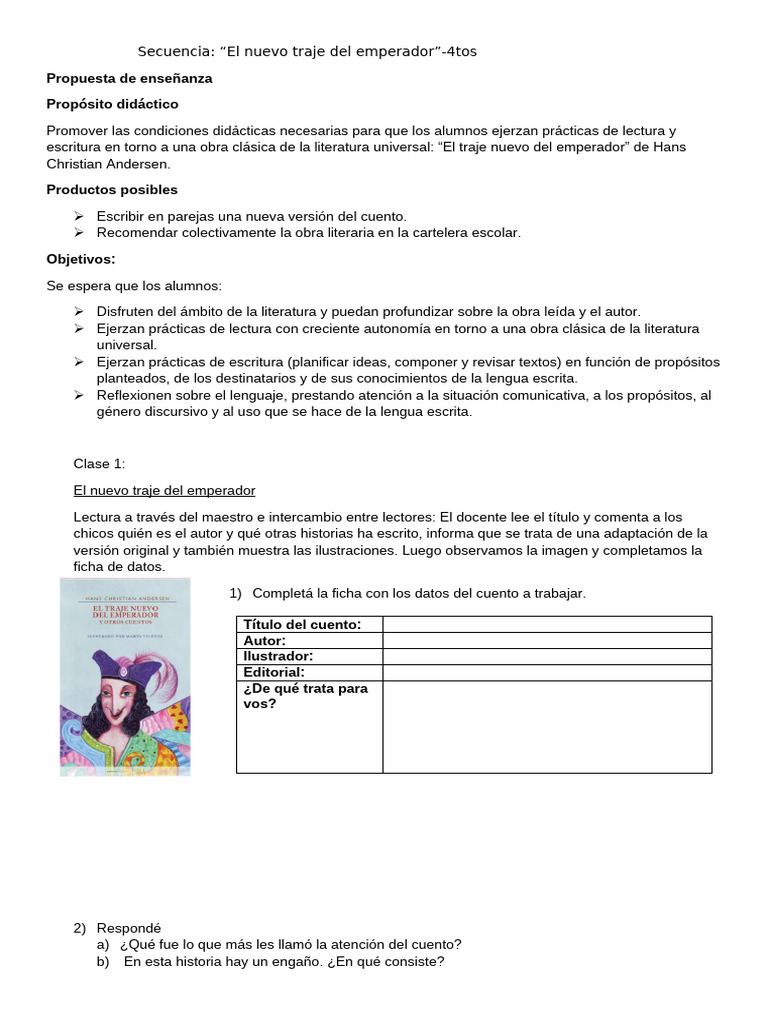 Propuesta didáctica: El nuevo traje del emperador | PDF | Cuentos | Autor