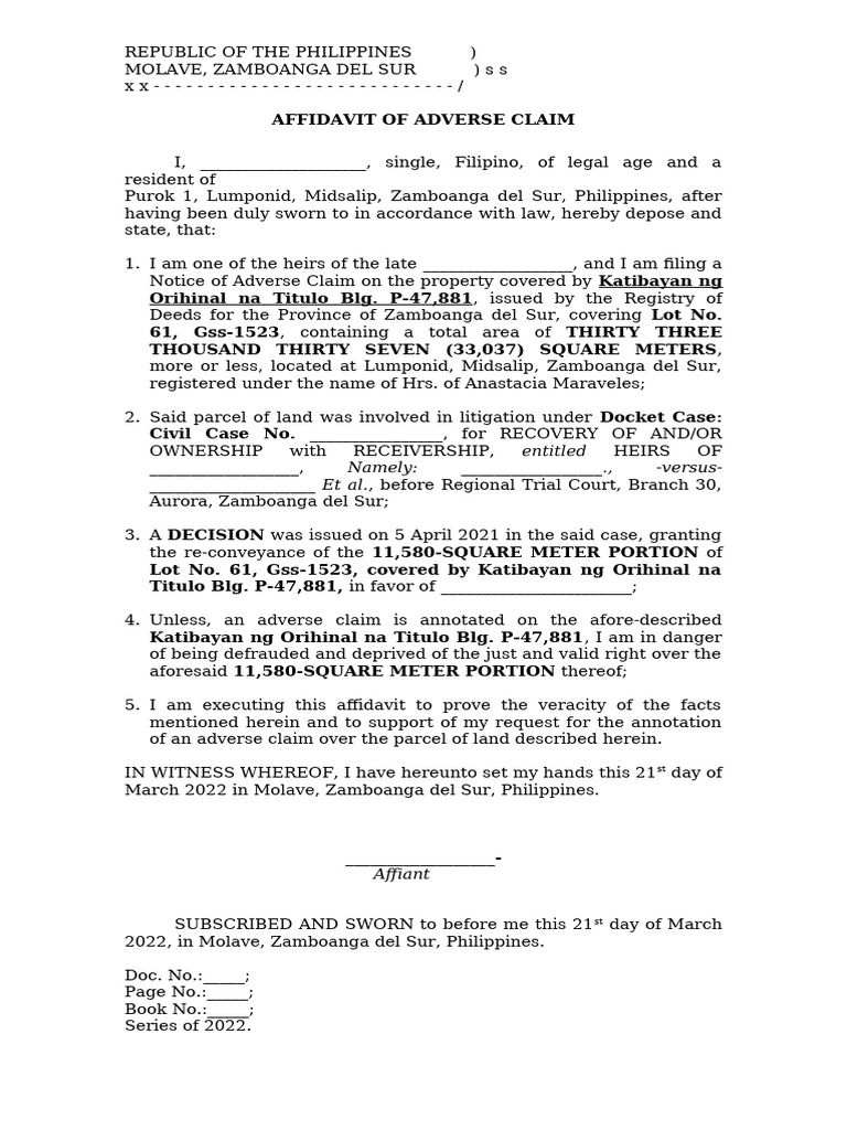 Affidavit of Adverse Claim | PDF